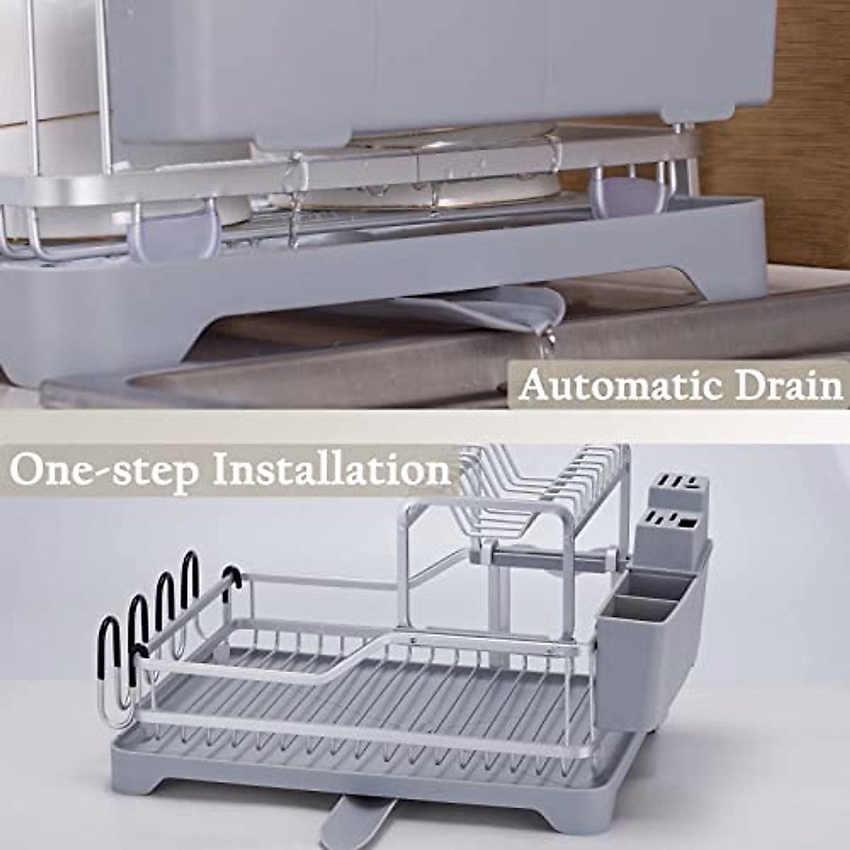 Panchydor Dish Rack,Aluminum 2 Tier Silver Large Dish Drainers for Kitchen Counter,One-Step Installation Automatic Draining Dish Rack with Cup Holder,Utensil Holder,Cutting Board Holder,Two Hooks