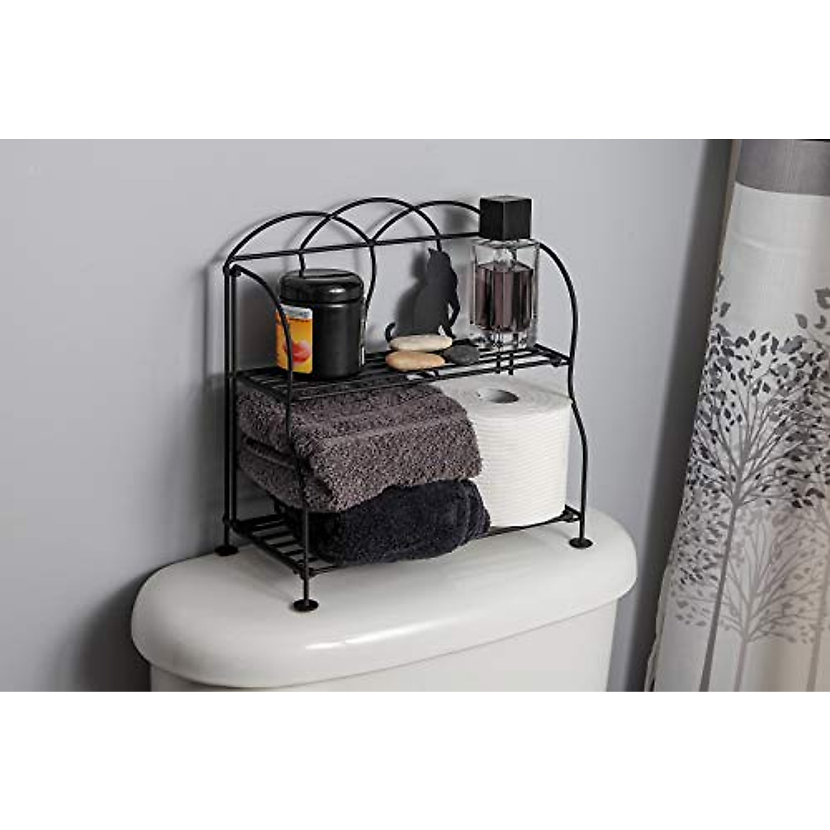 Lily's Home Cat Lovers Black Metal Countertop Wire Shelf Rack, Great for Household Items, Kitchen Organizer, Bathroom Storage and More. Foldable. 2-Tier