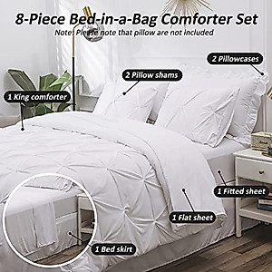 LUCKYBULL White King Comforter Set 8 Pieces Pintuck Bed in a Bag, Pinch Pleat Soft Textured Microfiber Bedding with Sheets, Skirt, Pillowcases & Shams for King Bed