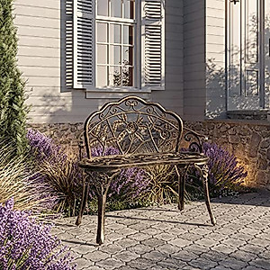 BELLEZE Outdoor Bench, Patio Outdoor Garden Bench Cast Aluminum Metal Loveseat Chairs for Park, Yard, Porch, Lawn, Balcony, Backyard, Antique Floral Rose Accent Seat Furniture, Bronze