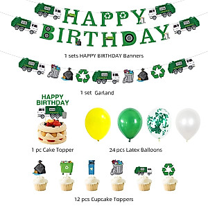 Dulousia Garbage Truck Party Supplies - Trash Truck Happy Birthday Banner, Garbage Truck Themed Balloons, Cup Cake Toppers for Waste Management Recycling Party