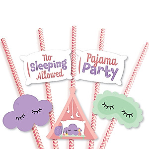 Big Dot of Happiness Pajama Slumber Party - Paper Straw Decor - Girls Sleepover Birthday Party Striped Decorative Straws - Set of 24