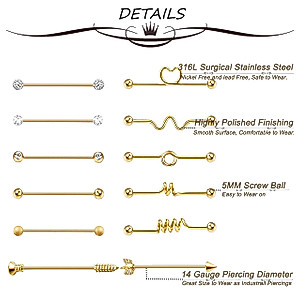 Masedy 12Pcs 14G 316L Stainless Steel Industrial Barbell Earrings for Women Men Cartilage Helix Piercing Gold