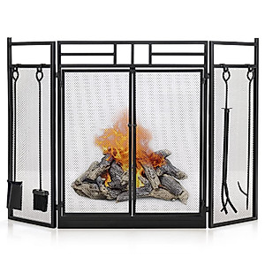 Tangkula 3-Panel Folding Fireplace Screen with Magnetic Hinged Doors, Fire Spark Guard with Fireplace Tools Set, Wrought Iron Decorative Mesh Cover with Wood Burning Stove Accessories, Black