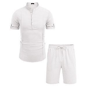 COOFANDY 2 Pieces Linen Outfits For Men White Short Sleeve Henley Shirt and Shorts Summer Beach Yoga Matching Sets