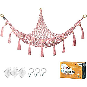 Stuffed Animal Toy Hammock Corner Hammock Organizer Display Rack Bohemian Net Bag For Hanging Toys Hanging Stuffed Animal Organizer Corner Toy Storage Rack Stuffed Animal Net Tassel 44 In (Pink)