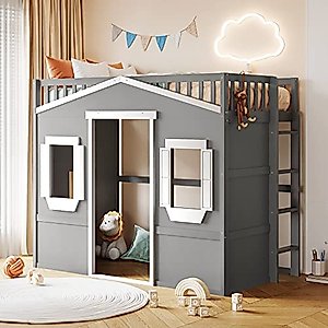 BOVZA Twin Size Wood House Loft Bed with Ladder, Kids Playhouse Bed with Window for Girls Boys, Gray+White