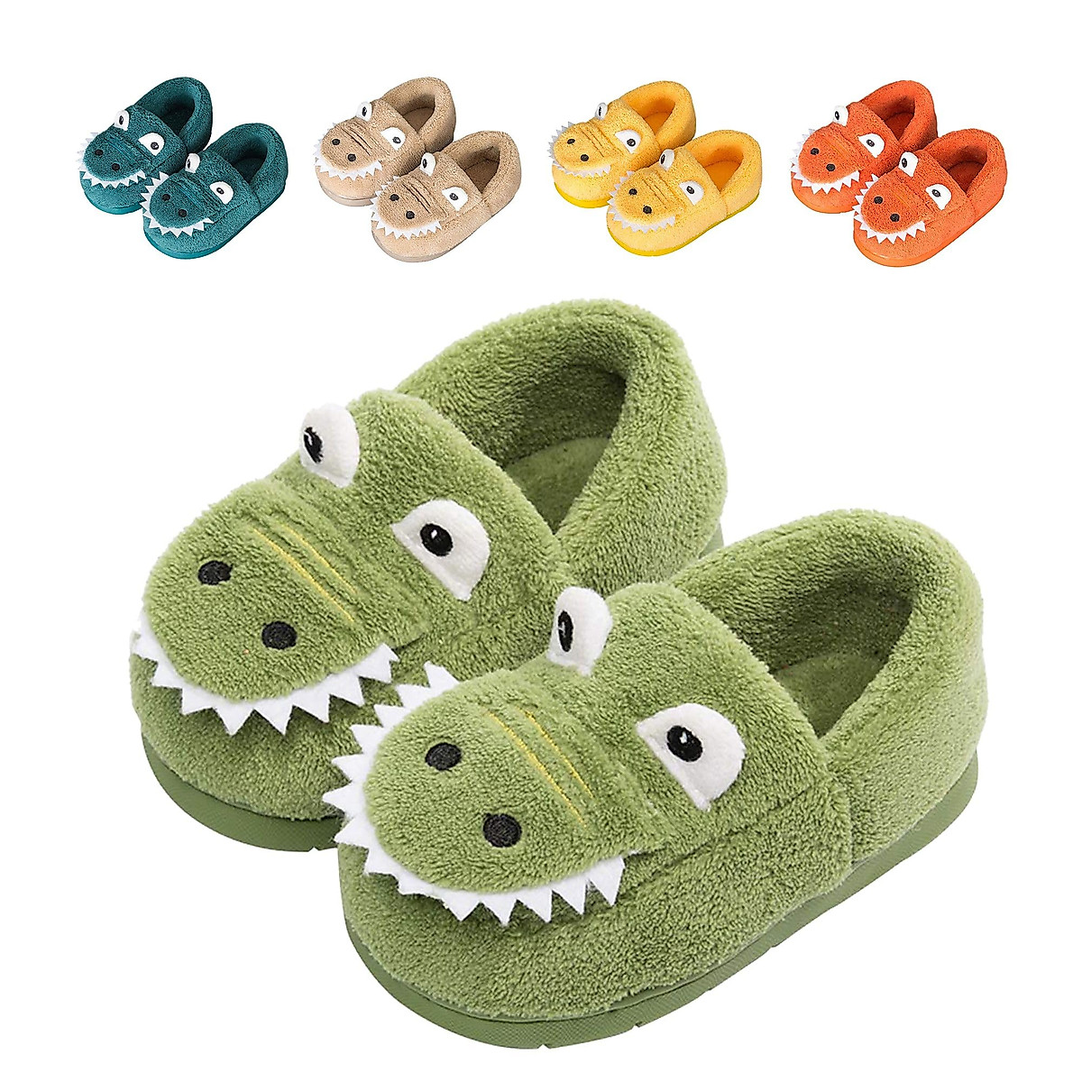 JACKSHIBO Girls Boys Home Slippers Warm Dinosaur House Slippers For Toddler Fur Lined Winter Indoor shoes Green 6-6.5 Toddler