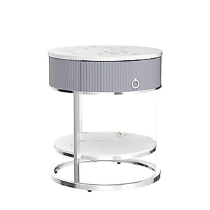OIOG Modern End Table with Drawer, 2 Tier Side Table with Shelf, Round Nightstand with Sintered Stone Tabletop and Chrome Legs for Living Room, Bedroom, Home Office, Dorm, Silver