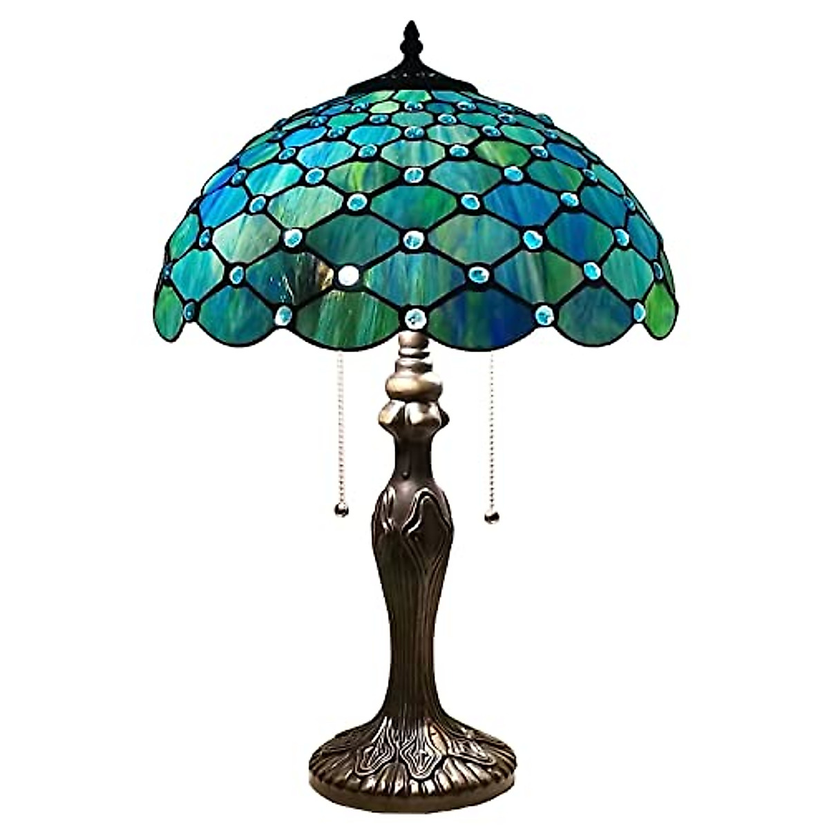 ZJART Tiffany Lamp Blue Stained Glass Peal Bead Style Reading Table Lamp W16H24 Inch Bedside Nightstand Desk Work Study Desktop Light Decor Home Kids Bedroom Living Room Office Pull Chain Switch