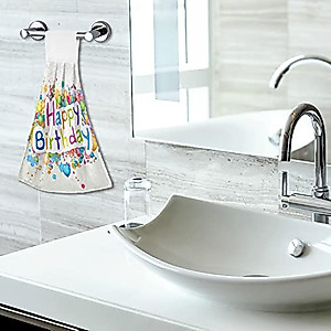 Kigai Happy Birthday Hanging Tie Towels Set of 2, Absorbent Hand Towels Tea Bar Dish Dry Towels for Kitchen Bathroom Home Decor, 14 x 18 Inch