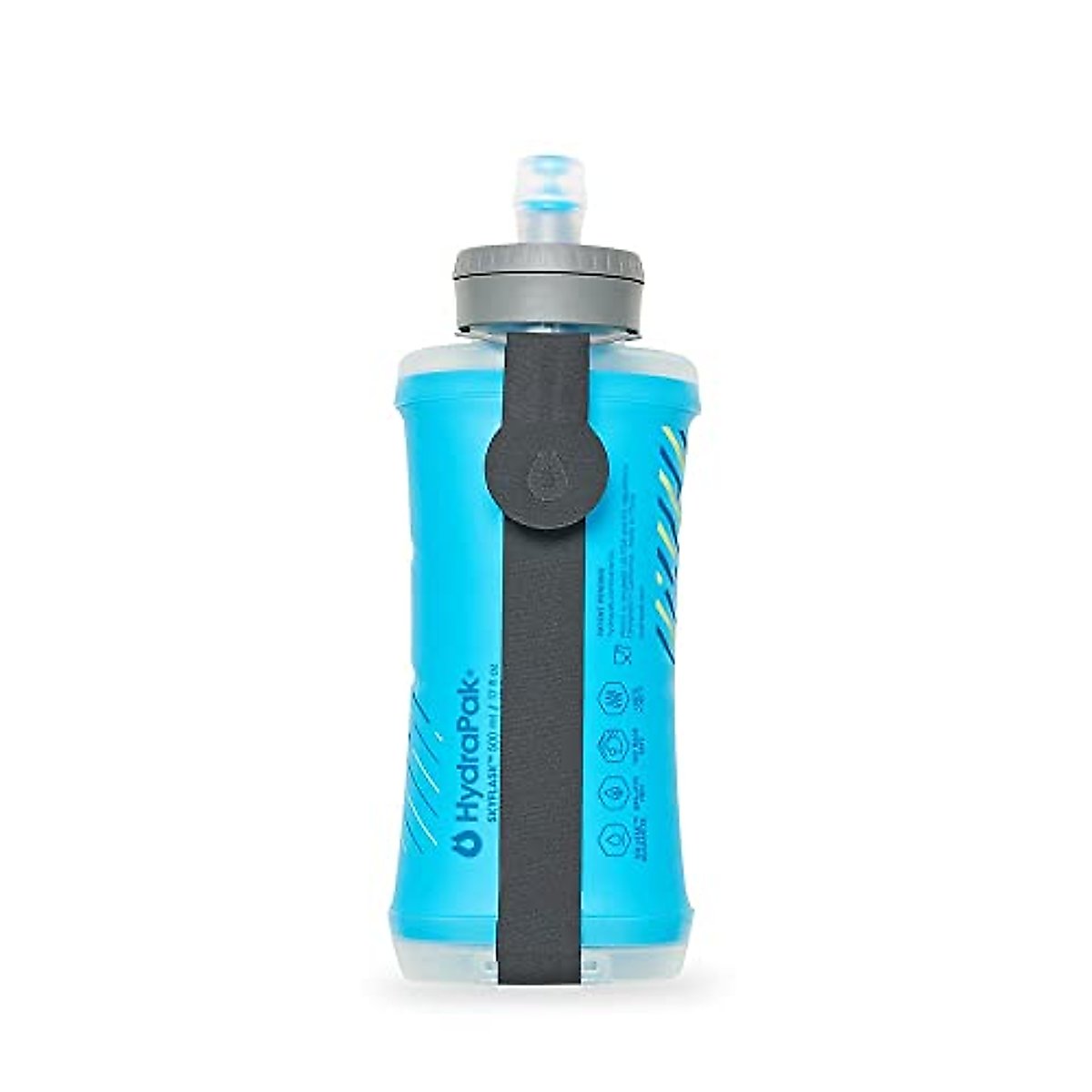 Hydrapak SkyFlask 500ml - Lightweight Collapsible Handheld Running Water Bottle Soft Flask - (500 ml/16 oz) - Adjustable Handstrap, Spill-Proof Cap, Malibu Blue