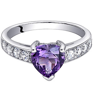 PEORA Amethyst Heart Promise Ring for Women 925 Sterling Silver, Natural Gemstone Birthstone, 1 Carat Heart Shape 7mm, Size 6