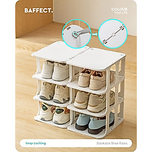 Baffect 8 Tier Shoe Rack, Free Standing Shoe Storage Organizer for Closet, Plastic Stackable Shoe Storage Tower, Vertical Shoe Holder for Entryway Space Saving Narrow Shoe Cabinet (White)