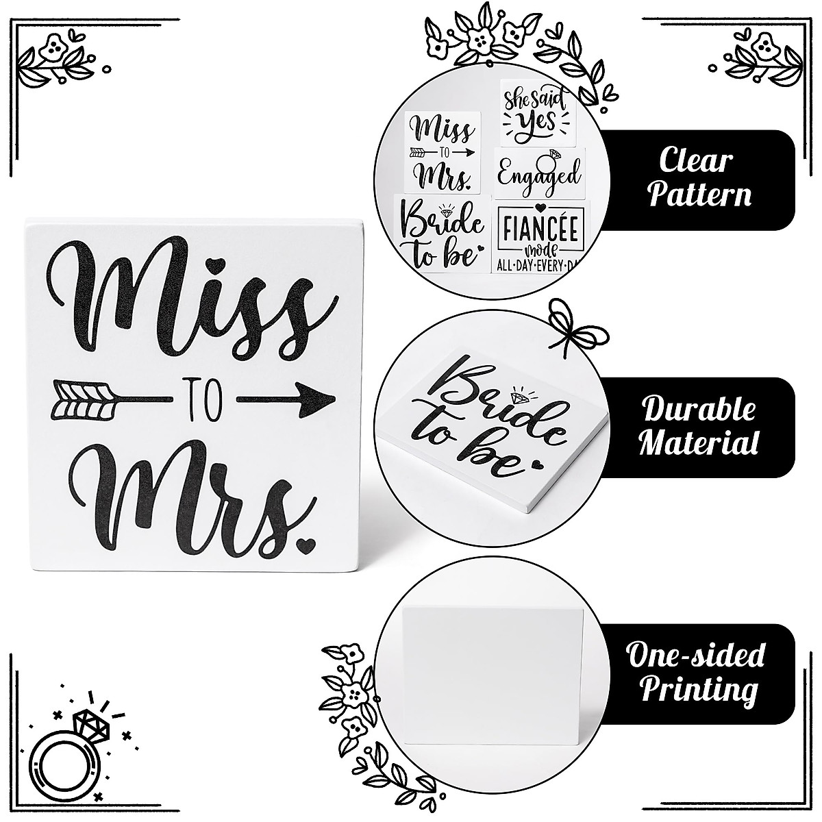 WATINC Engagement Party Centerpieces Decorations - 5pcs Miss to Mrs Engaged Wood Sign Tables Decor, Sweet Engagement Tabletop Tiered Tray Gift for Bridal Shower Bachelorette Betrothal Party (Black & White)