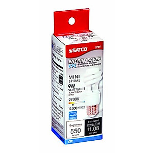 Satco S7211 9-Watt Medium Base T2 Mini Spiral, 2700K, 120V, Equivalent to 40-Watt Incandescent Lamp for Enclosed Fixtures with Energy Star Rated
