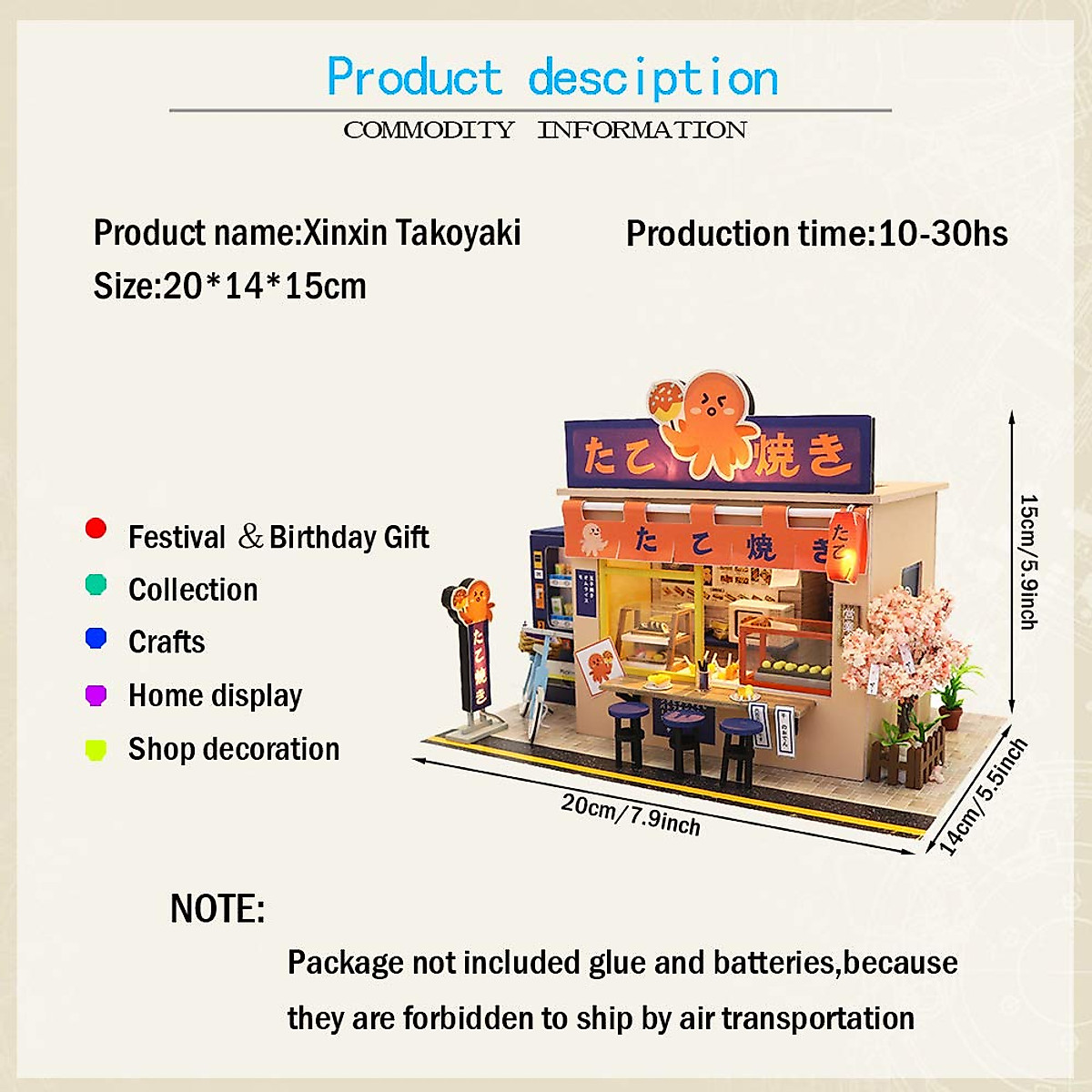 WYD Star Octopus Burning Japanese Style Takoyaki Shop Mini Doll House Kit Assembled LED Light Model Wind and Gift with Dust Cover and Music