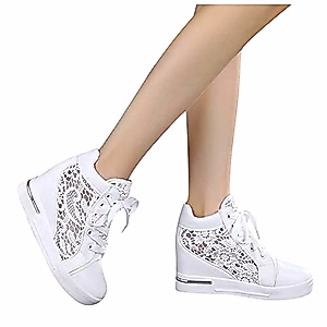 Hbeylia Platform Hidden Heels Fashion Sneakers For Women Fashion Lace Crochet Lace Up Chunky Bottom High Heels High Top Skateboard Canvas Shoes Casual Leather Walking Slip On Loafers Work Shoes