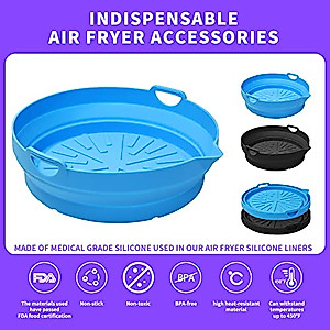 Karjraxrn 2-pack Air Fryer Silicone Liners 8.5 in Folding Air Fryer Silicone Pot, Food Safe Air Fryer Silicone Basket More Space Saving Reusable Air Fryers Oven Accessories (Blue+Black)