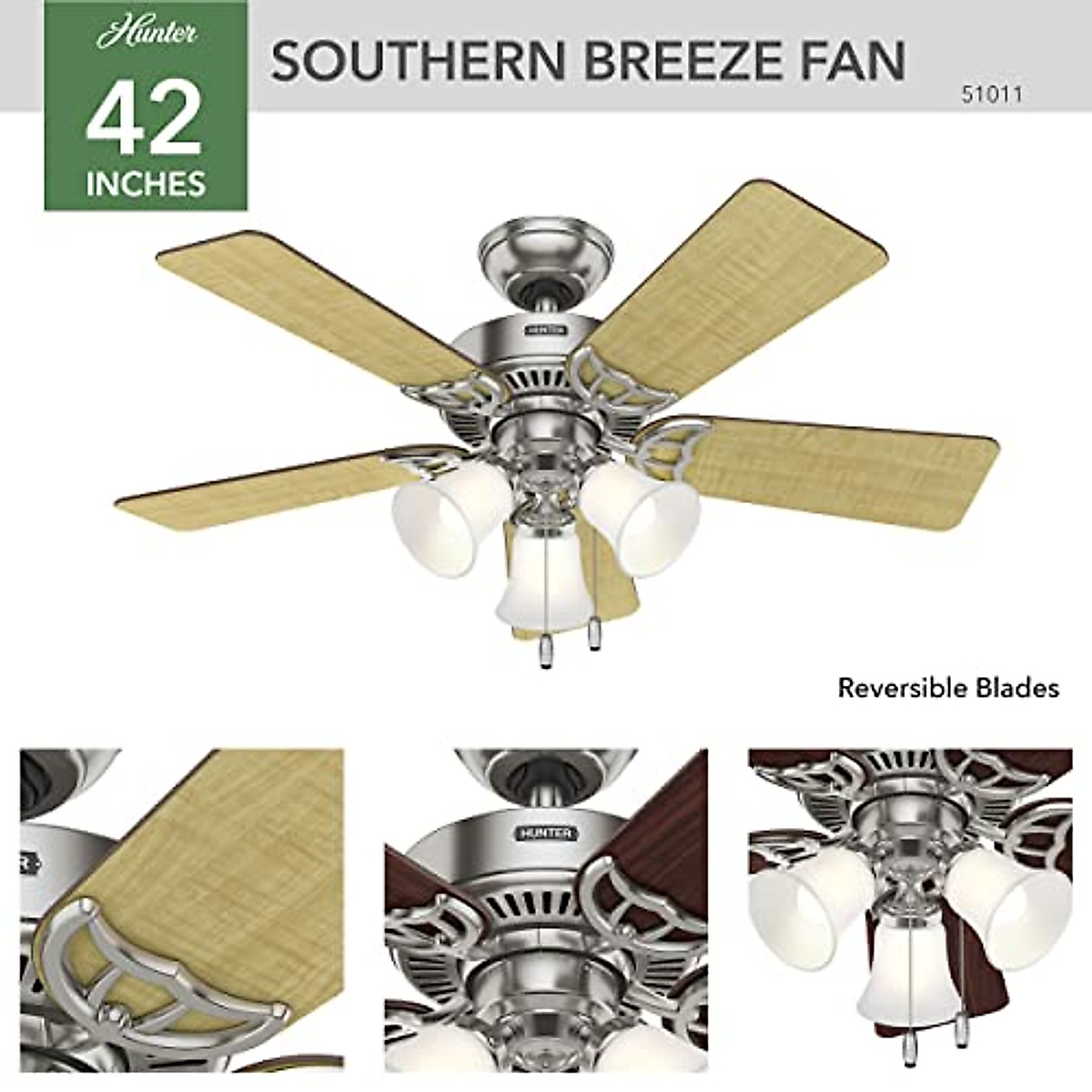 Hunter Fan Company, 51011, 42 inch Southern Breeze Brushed Nickel Ceiling Fan with LED Light Kit and Pull Chain