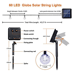Flacchi Cool White 39 Ft 60 LED Solar String Lights Waterproof, 8 Modes Crystal Ball Lights Solar Fairy Patio Lights for Garden, Lawn, Porch, Yard, Gazebo, Bistro Xmas Decor