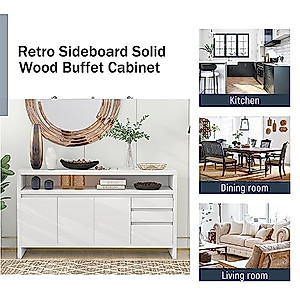 60" Sideboard Storage Cabinet Modern MDF Buffet Cabinet with Double-Storey Tabletop, 3 Door & 3 Drawer Kitchen Pantry Cupboard Entryway Console Cabinet for Hallway Living Room