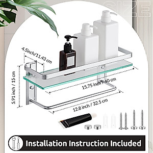 Geetery 2 Sets Glass Bathroom Shelf with Towel Bar 15.75 x 4.5 Inches Wall Mounted Aluminum Tempered Glass Shelf Rustproof Shelves Bathroom Hand Towel Holder with Shelf Shower Rack Bathroom Hardware