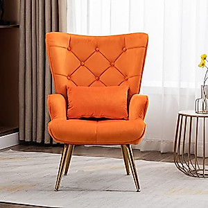 Artechworks Velvet Buttoned Accent Arm Chair with Golden Legs & Pillow, High Back Living Room Bedroom Chairs, Modern Leisure Chair for Living/Dining/Lounge Room,Office,Orange Color