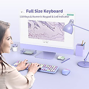 Wireless Keyboard and Mouse Combo, 2.4GHz Full-Sized Colorful Cute Keyboard Mouse Set with Retro Typewriter Flexible Round Keys for Windows, Computer, Laptops, PC Purple Colorful