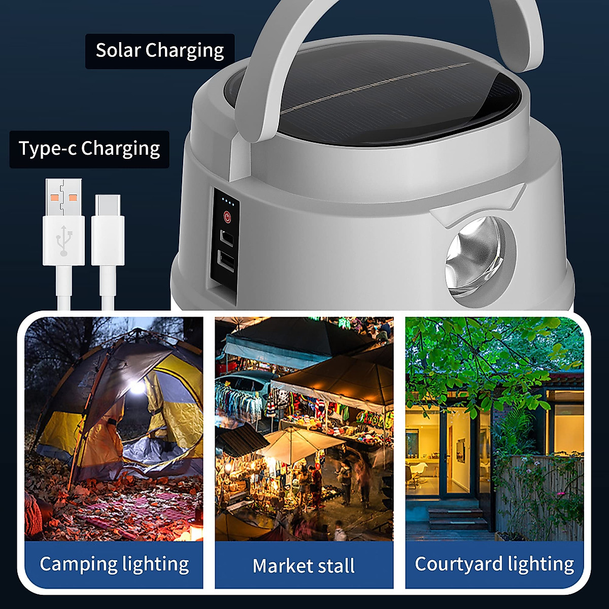 UCGG Solar Camping Lantern, Rechargeable LED Camping Lantern, 4 Light Modes One-Button Switching, Standby Charging Bank, Waterproof, for Hurricane Emergency, Outdoor, Hiking, Home and Car