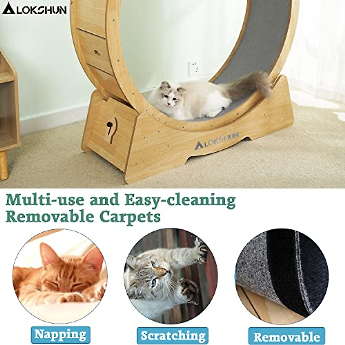 Lokshun Cat Wheel,Cat Exercise Wheel with Lock Pin,Great Weight-Loss Cat Wheel with Carpeted Runway,Large-Sized Cat Exercise Wheel with Noiseless Rollers,42in Large,Cat Teaser Stick Included