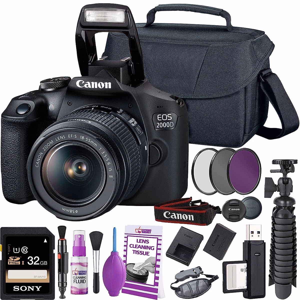 Canon Rebel T7 DSLR Camera (2000D) with EF-S 18-55 mm f/3.5-5.6 Lens + 32GB Memory Card + Camera Bag + Cleaning Kit + Table Tripod + Filters (Renewed)