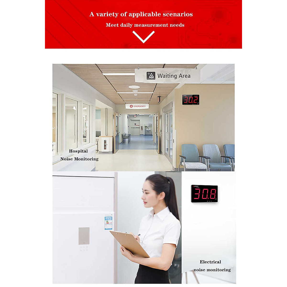 C-Zone SW-526A 30-130db Sound Level Meter Tester 18in Large Screen LCD Display Wall Hanging Type Decibel Noise Measuring with Alarm for Library/Hotel/Theater/Lobby