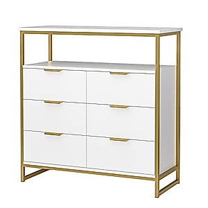 FACBOTALL Modern White Dresser, 6 Drawer Dresser with Shelf, Wood Chest of Drawers with Sturdy Steel Frame, Large Capacity 6 Drawer Dresser for Living Room Home