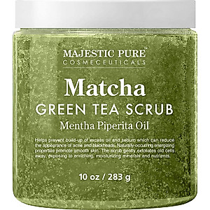 Majestic Pure Matcha Green Tea Body Scrub for All Natural Skin Care - Exfoliating Multi Purpose Body and Facial Scrub Moisturizes and Nourishes Face and Skin - 10 oz - Great Gift for Her