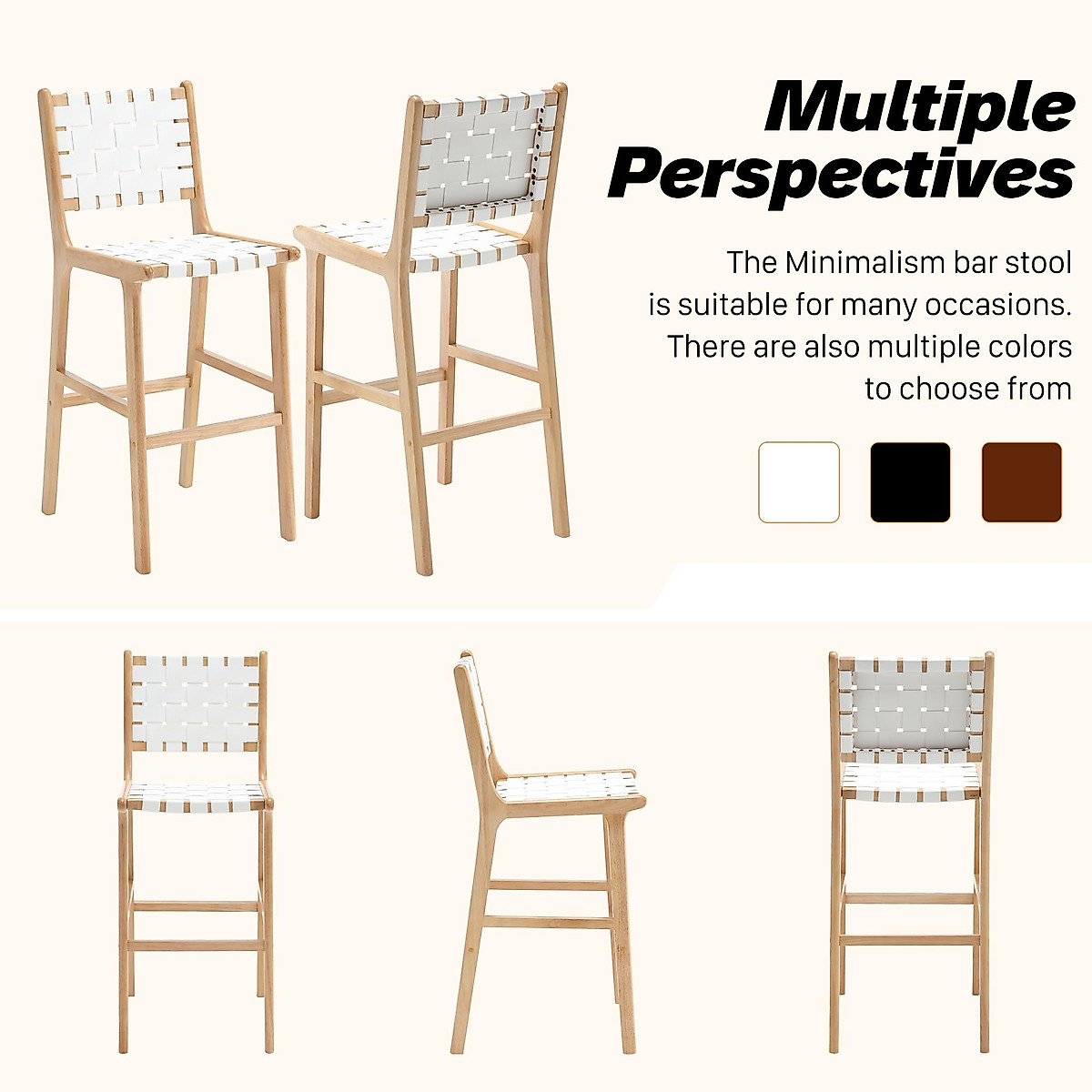 GOOLON Faux Leather Bar Stools Set of 2, 29" Bar Height Stools for Kitchen Island, Modern Farmhouse Barstools with Woven Back Comfy Seat Wood Frame and Footrest for Home Pub Patio, White