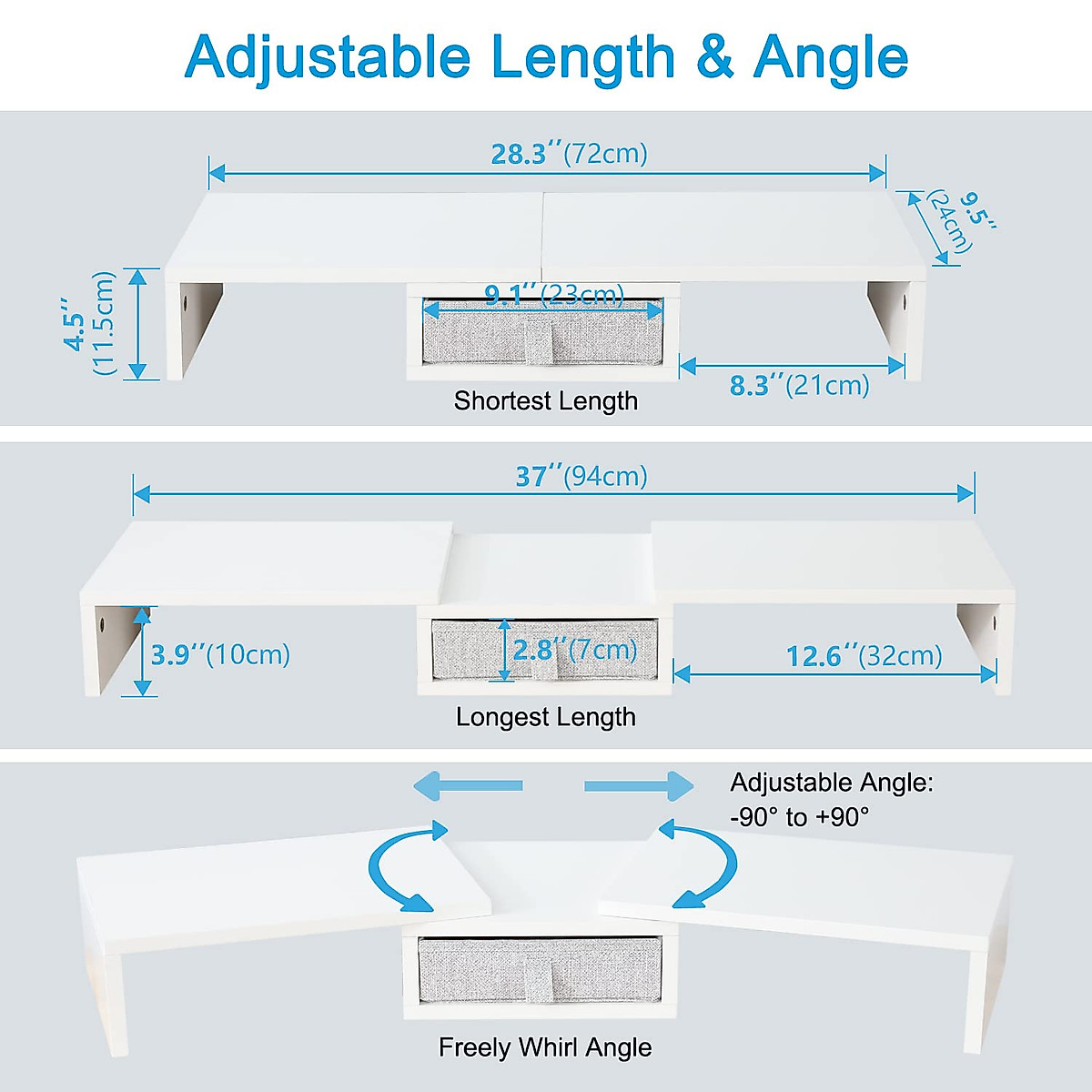 TEAMIX White Dual Monitor Stand Riser with Drawer - Length and Angle Adjustable Double Corner Desk Shelf Organizer 37 inch Long for 2 Laptop/PC/Screen/TV