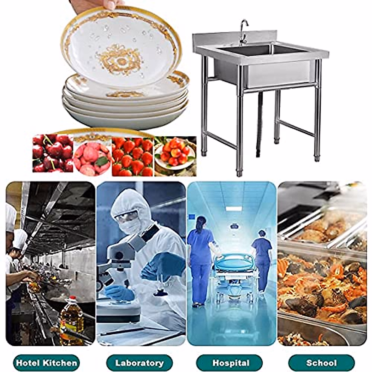 Stainless Steel Sink, Commercial Utility Kitchen Sink Multifunction Free Standing Movable Single?Bowl?Catering Sink Household Wash Vegetable Basin with Backsplash Faucet (60 * 60 * 80cm)