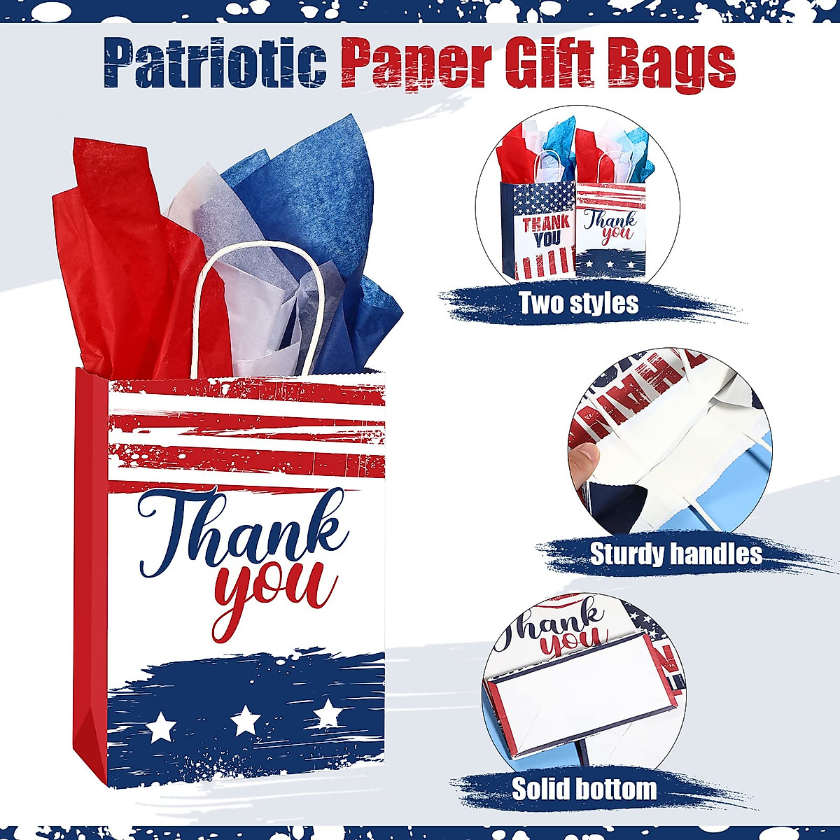 Pajean 16 Pieces Patriotic Thank You Gift Bags with 18 Red White Blue Tissue Paper American Flag Party Favor USA Treat Goodie Handle for Veterans Day Memorial Independence