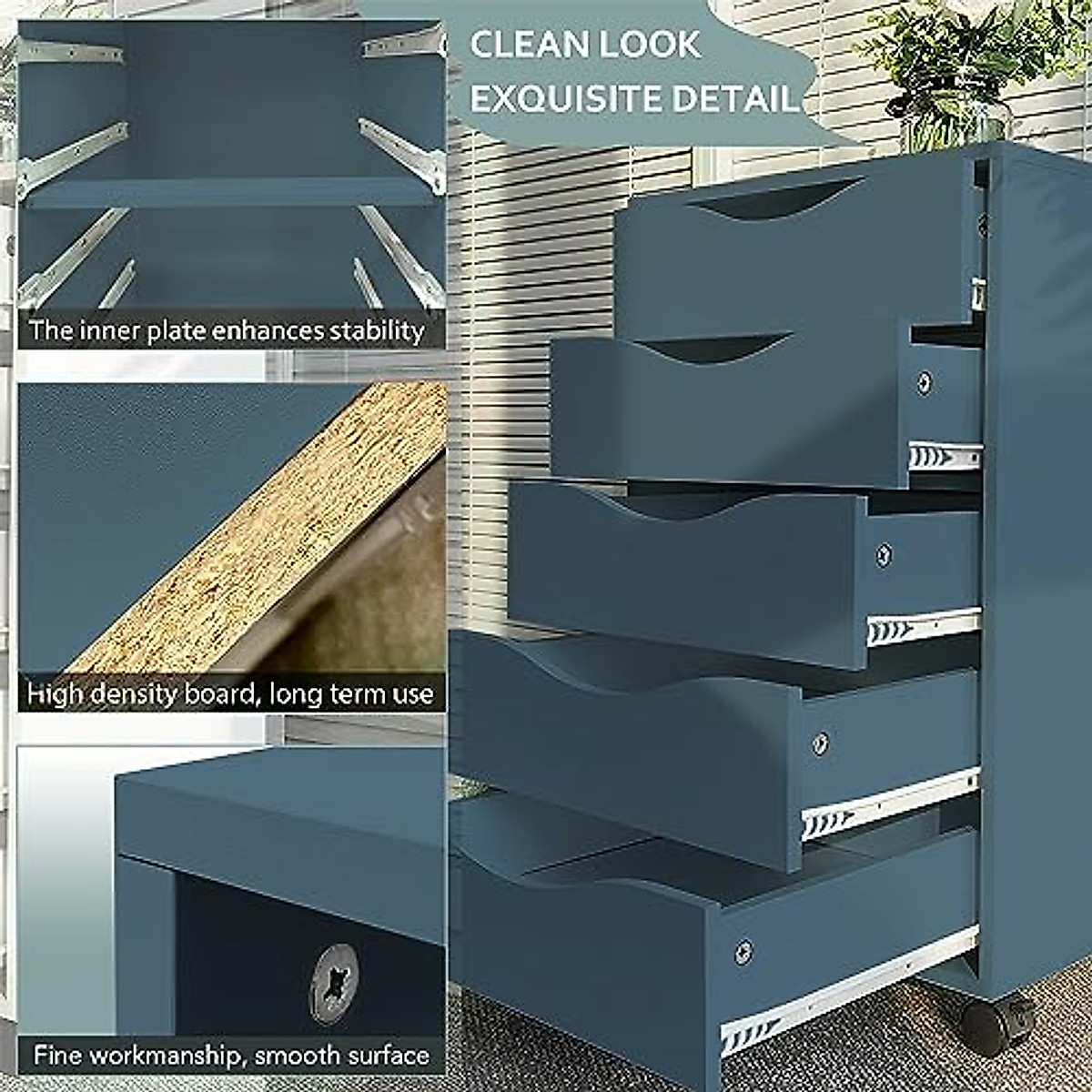 EDGEWOOD 5 Drawer Vertical File Cabinet Filing Storage Wood Organizer Dresser Chest, 16" D x 16" W x 26" H, Blue