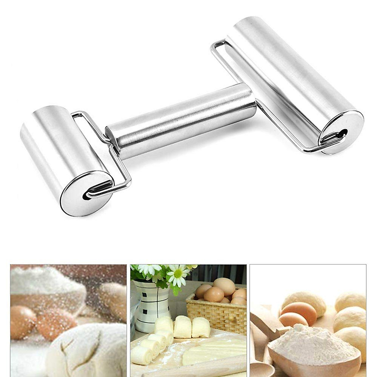 Smooth Stainless Steel Rolling Pin Pastry and Pizza Double Dough Baker Roller Metal Kitchen Utensils Ideal for Baking Dough, Pizza, Pie, Pastries, Pasta and Cookies