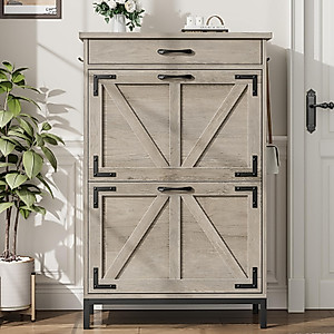 Shoe Cabinet Storage for Entryway Hidden Shoes Storage Cabinet Farmhouse Narrow Shoe Organizer Cabinet with 2 Flip Drawers, Free Standing Slim Shoe Cabinet for Door Entry, Foyer, Hallway, Grey