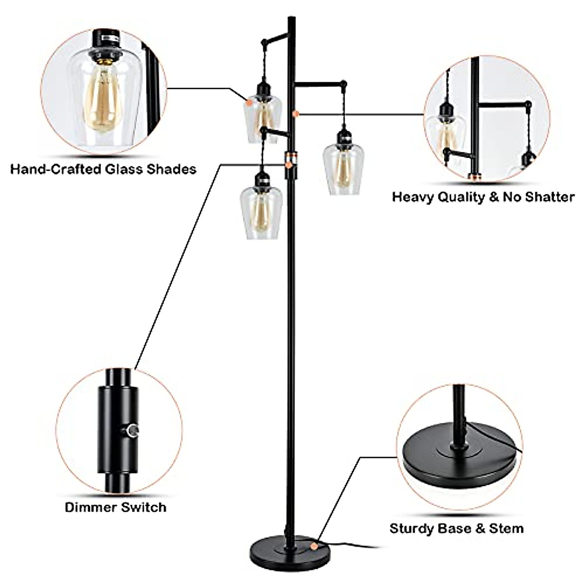 Airposta 3 Lights Industrial Floor Lamp with On/Off Dimmable Switch, 3-Head Rustic Tree Standing Lamp, 40W Retro Torchiere Floor Light for Living Room, Reading, Office, Bedroom, 2-Years Warranty