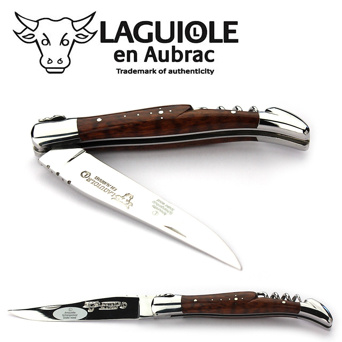 Laguiole en Aubrac Handmade Knife 12 cm Corkscrew L0312AMIF Snakewood Handle, Blade and bolsters Stainless Steel Shiny