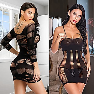 QuneusHot 7 pieces Fishnet Babydoll lingerie Dress Chemise Bikni Cover Outfit Halter Nightwear Long Sleeve S-XXXL Black