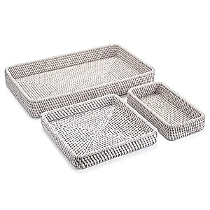 Rattan Serving Tray, Rectangular Woven Tray, Natural Wicker Decorative Serving Baskets for Organizing Tabletop Bathroom Kitchen Counter (White)