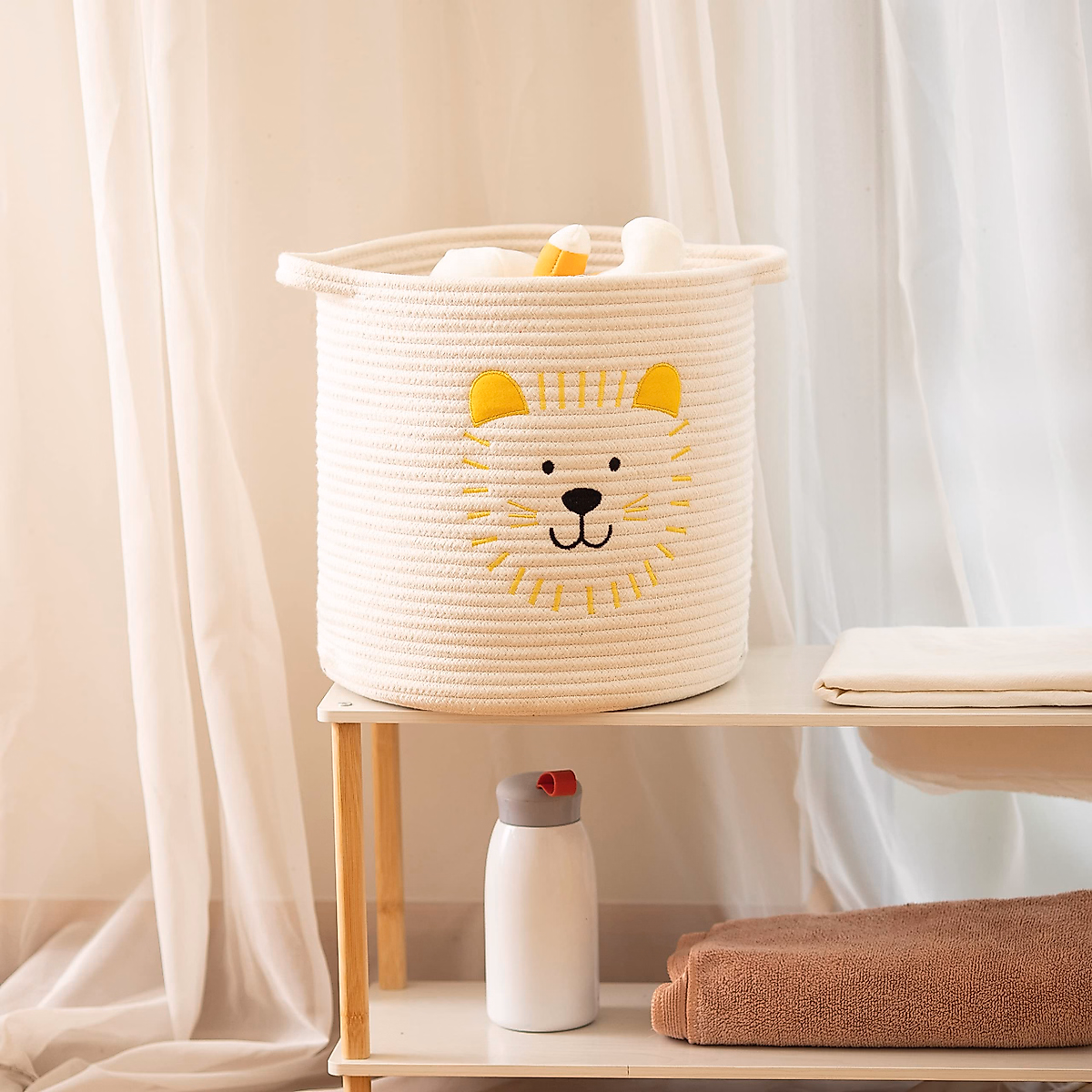 NADEnVIE Animal Laundry Basket For Nursery, Foldable Toy Storage Basket Tiger Design, Natural Handmade Basket With Handle For Home Decor, Nontoxic Cotton Rope Woven Safe for Children and Pet (White)