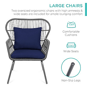 Best Choice Products 3-Piece Patio Conversation Bistro Set, Outdoor All-Weather Wicker Furniture for Porch, Backyard w/ 2 Wide Ergonomic Chairs, Cushions, Glass Top Side Table - Gray/Navy