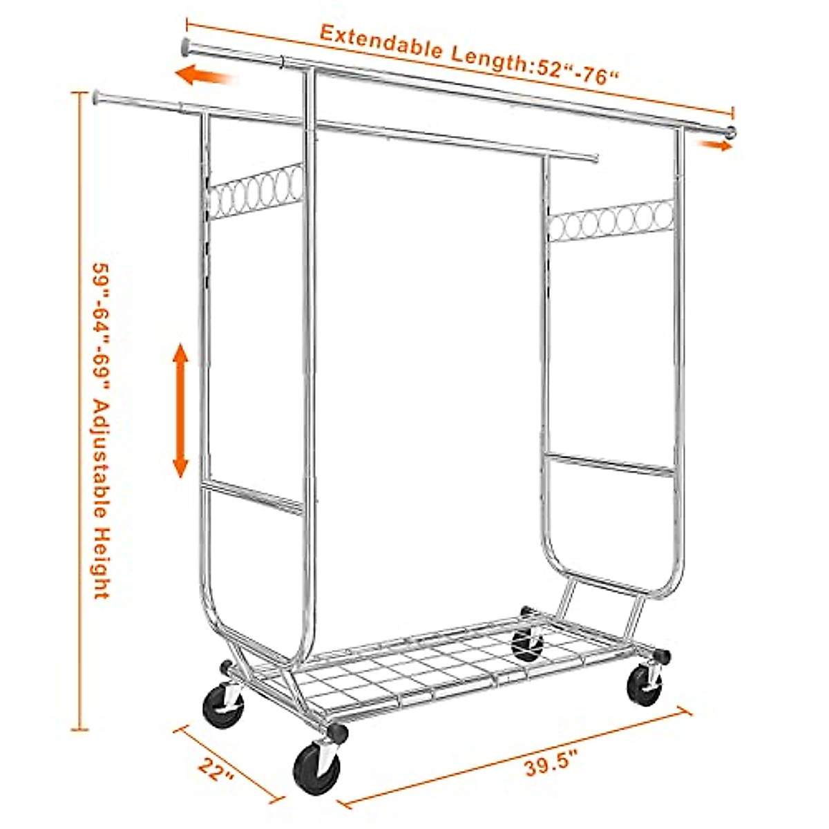 Raybee Clothes Rack Heavy Duty Clothing Rack Loads 600LBS, Clothing Racks for Hanging Clothes, Rolling Clothes Rack with Wheels Garment Rack, Collapsible ＆ Portable Clothing Rack, 76"W x 22"D x 69"H