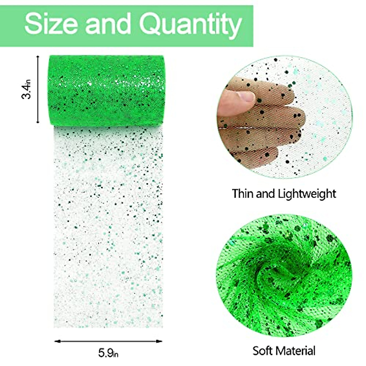 Glitter Tulle Rolls, 6” by 50 Yards (150FT) Sparkling Tulle Spool Ribbon Sequin Tulle Netting Fabric for Tutu Skirt Wedding Birthday Baby Shower (Green)